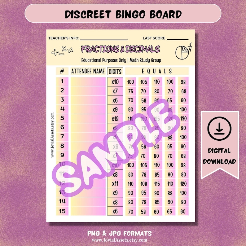 Math Class Bingo: Fractions, Decimals, Algebra (digital Download) - Etsy