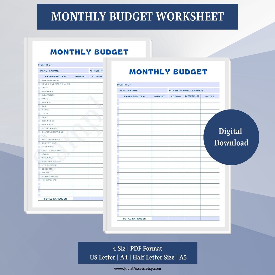 Monthly Budget Worksheet Digital Budget Planner Printable Budget ...