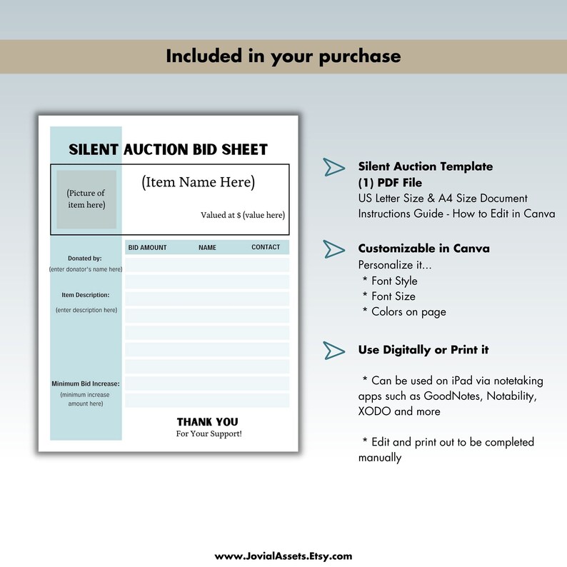 Silent Auction Bid Sheet Template: Editable Canva Design (digital ...