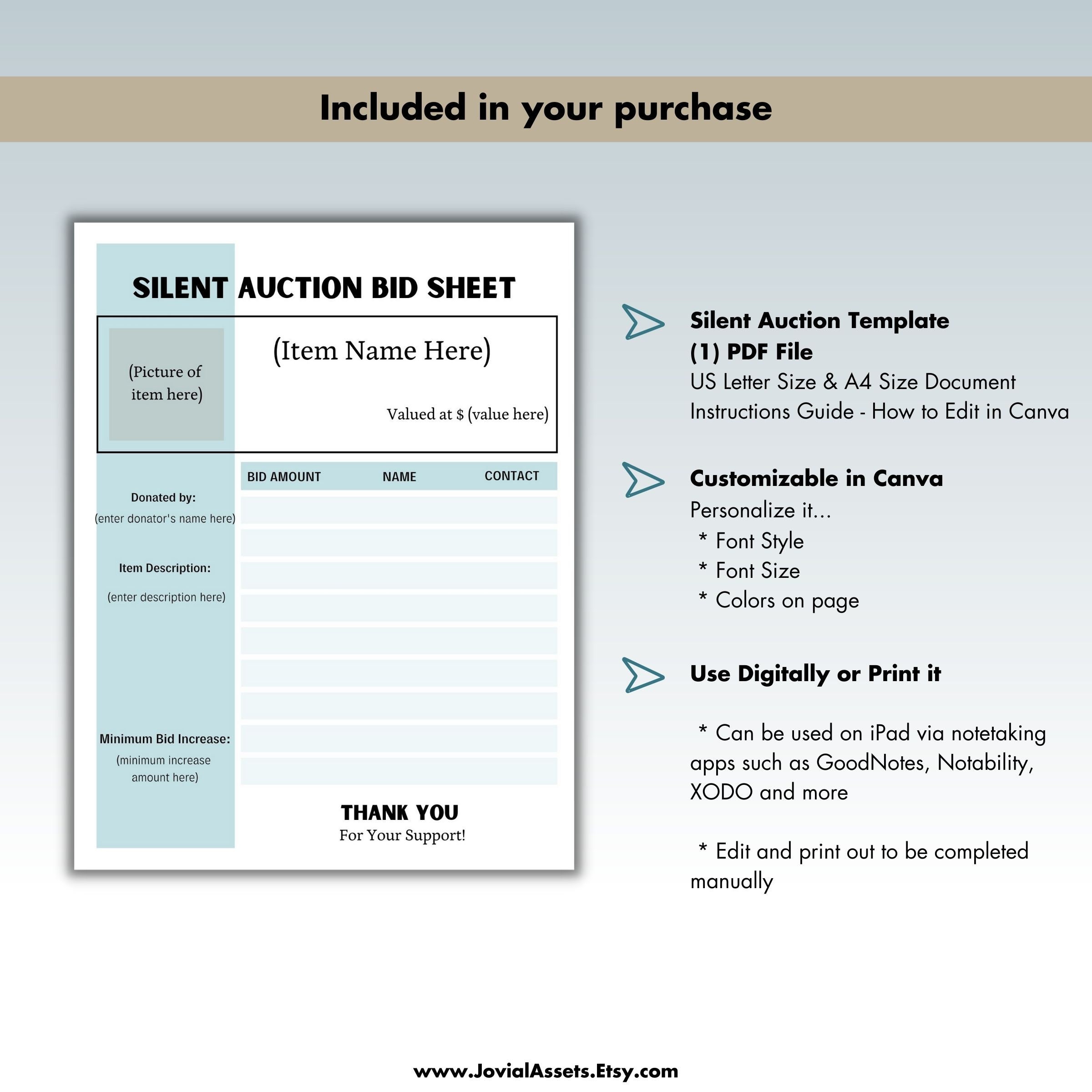 Silent Auction Bid Sheet Template: Editable Canva Design (digital ...