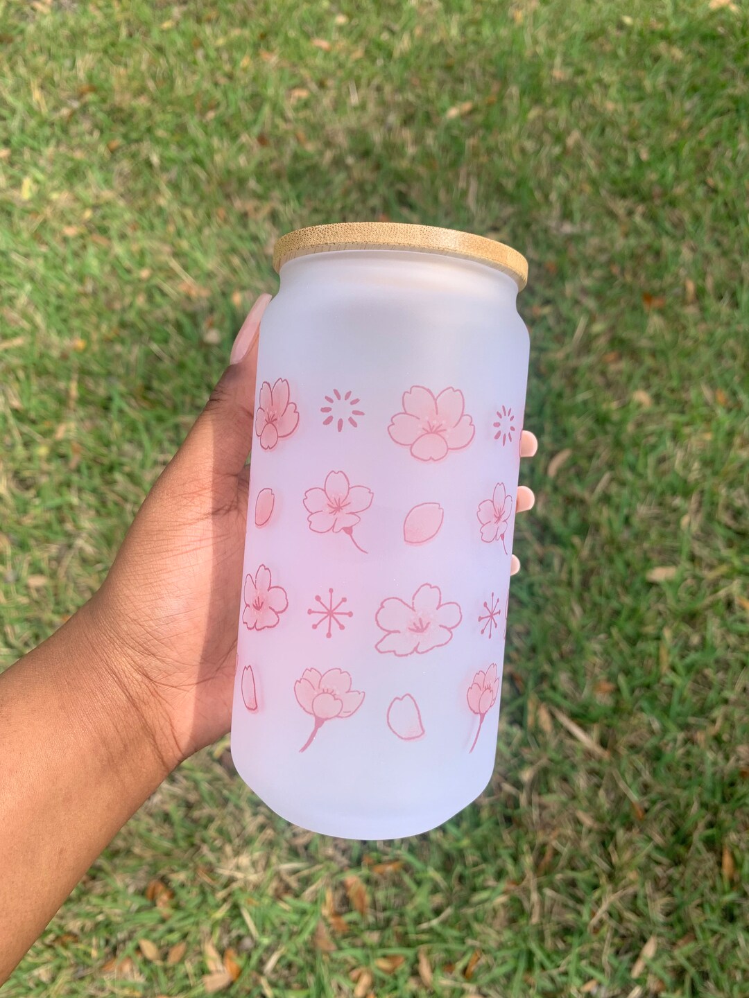 Cute Cherry Blossom Glass Cup With Bamboo Lid and Straw, 18 Oz Libbey ...