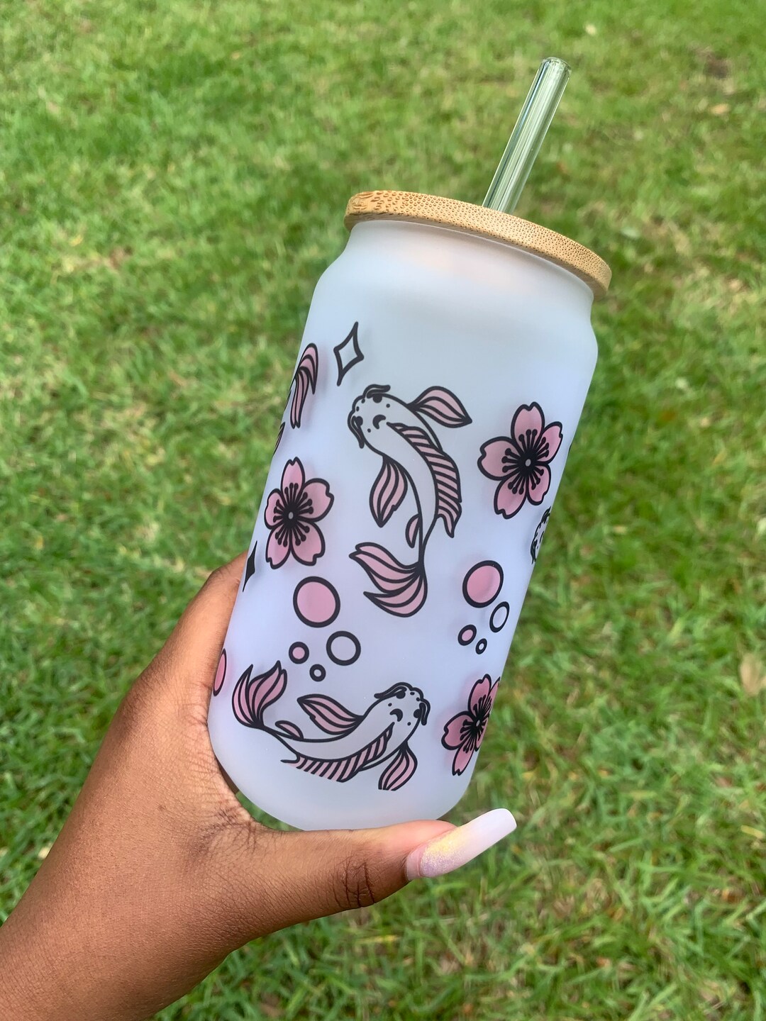 Cute Cherry Blossoms and Koi Fish 18 Oz Libbey Glass Cup With Bamboo ...