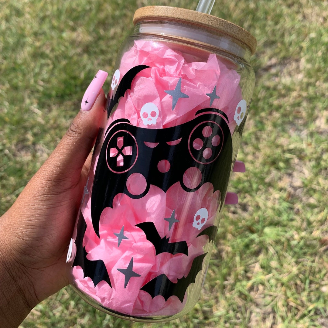 Gamer Glass Cup, Spooky Bats, Cup for Gamers, Console Gaming, Desk ...