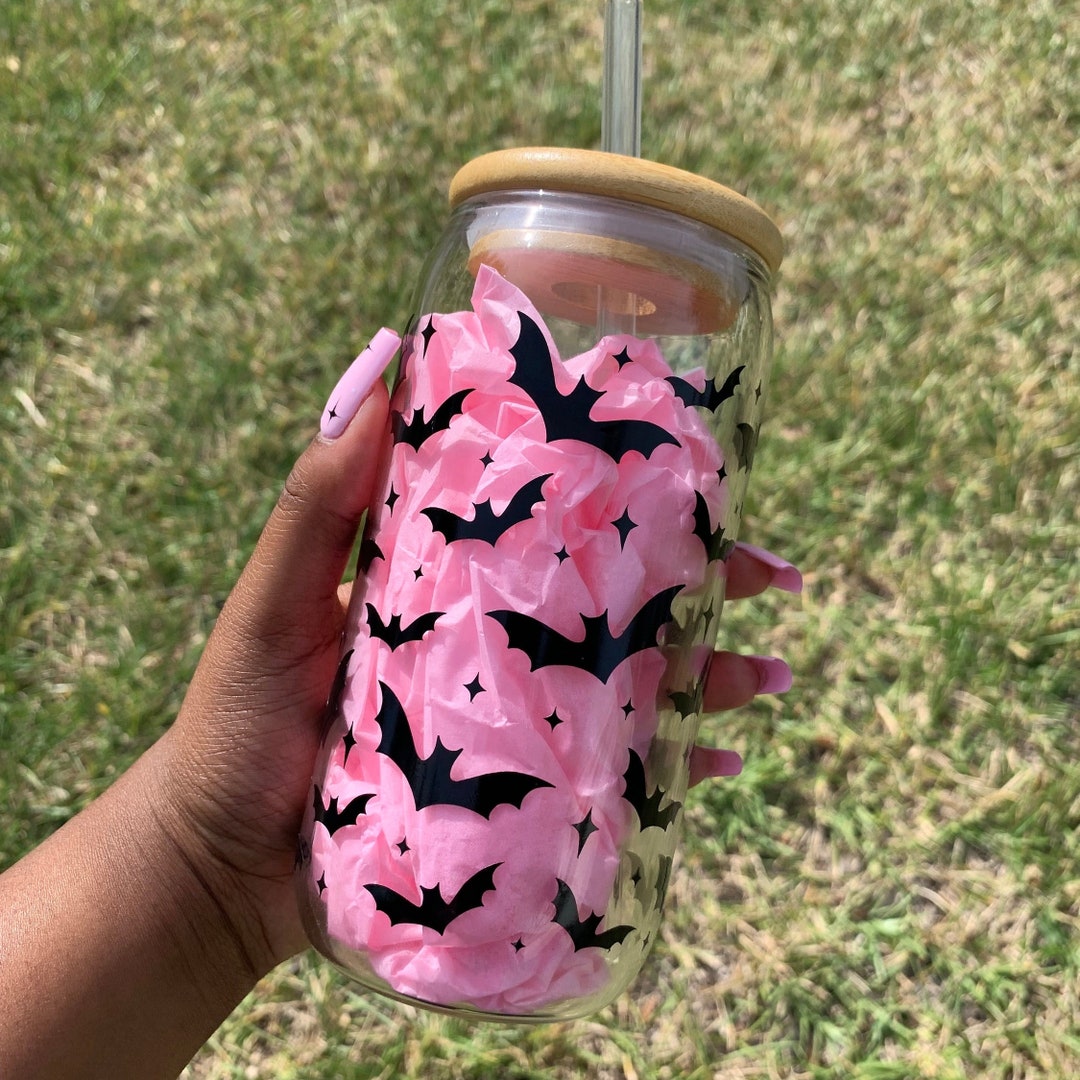 Spooky Bats Glass Cup, Black Halloween Glass Cup, Spooky Season Decor ...