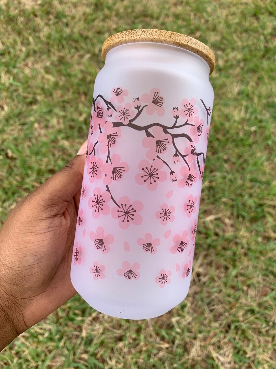 Cute Cherry Blossom Glass Cup, Light Pink With Bamboo Lid and Straw, 18 ...