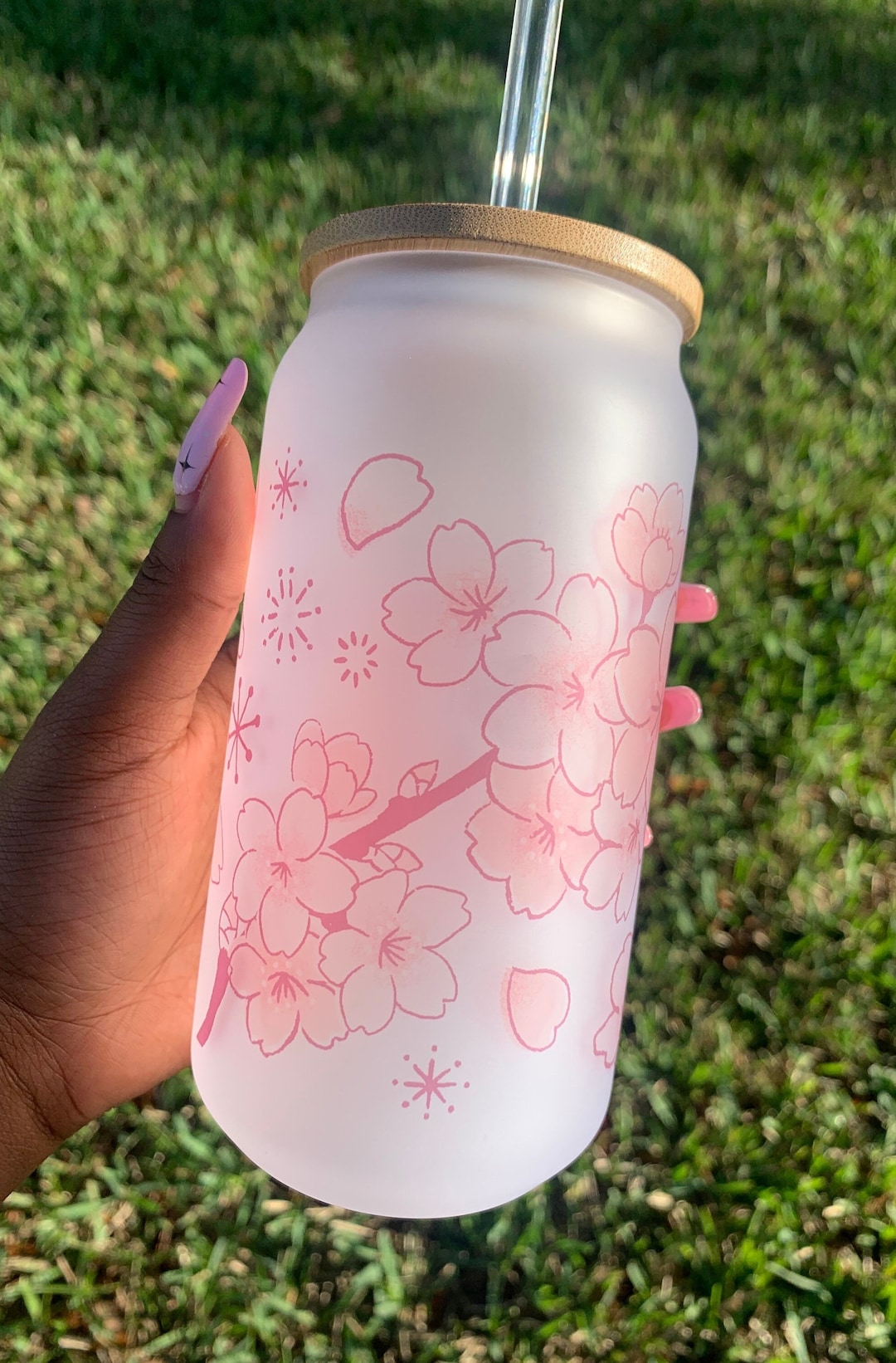 Cute Cherry Blossom Glass Cup With Bamboo Lid and Straw, 18 Oz Libbey ...