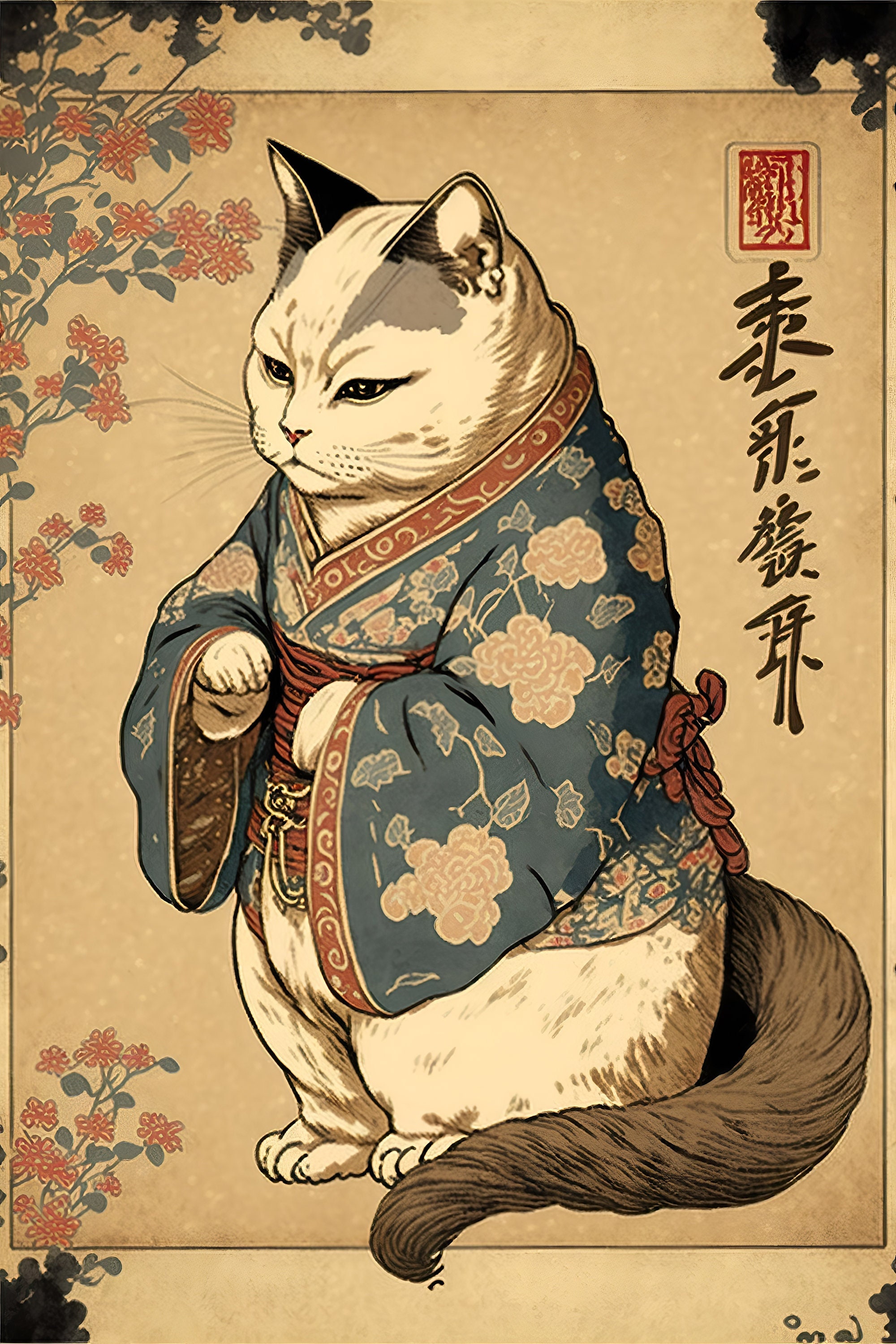 Cute Cat in Japanese Edo Style Digital Print - Etsy