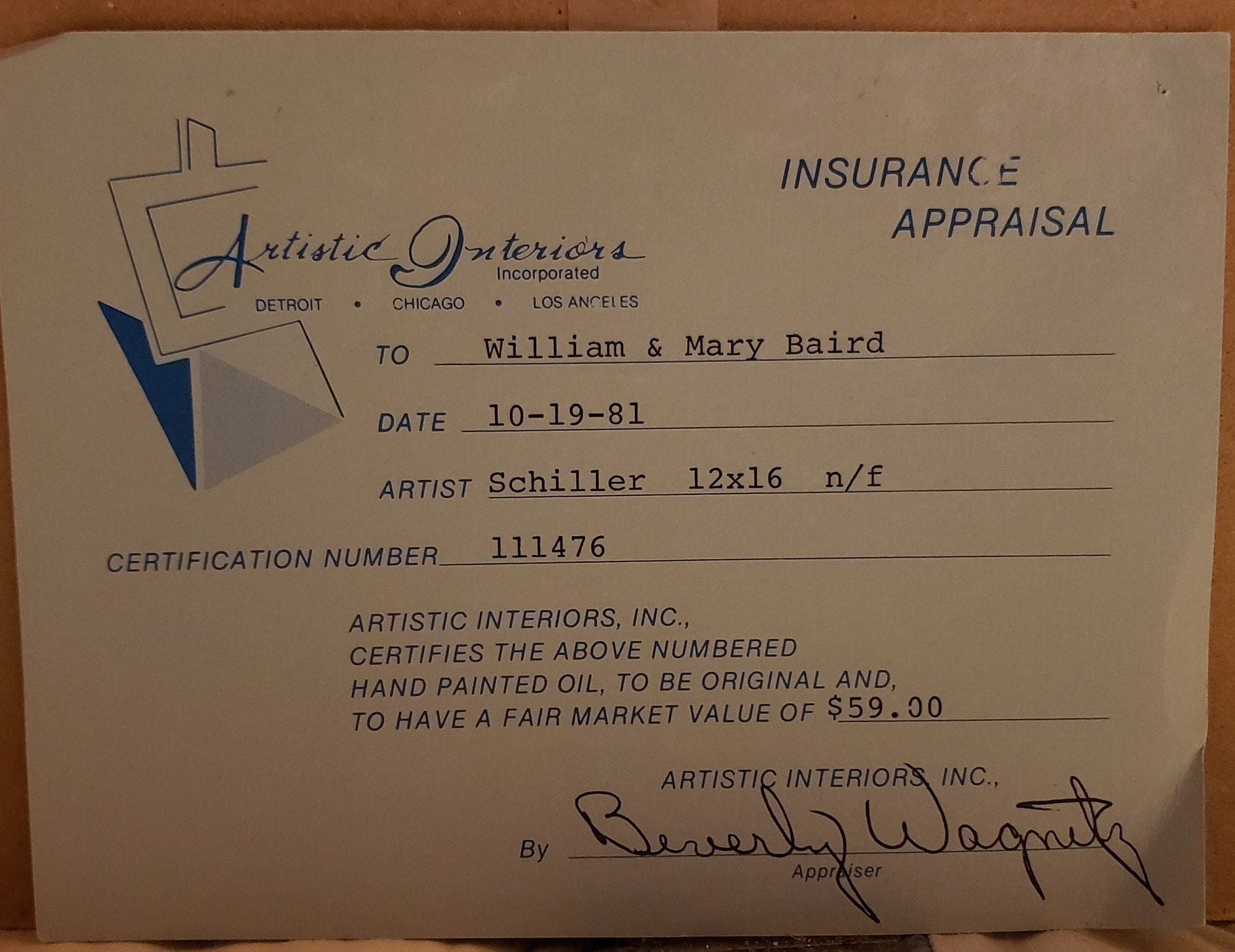 Schiller Hand Painted Original Numbered Oil Painting W/ Certification ...