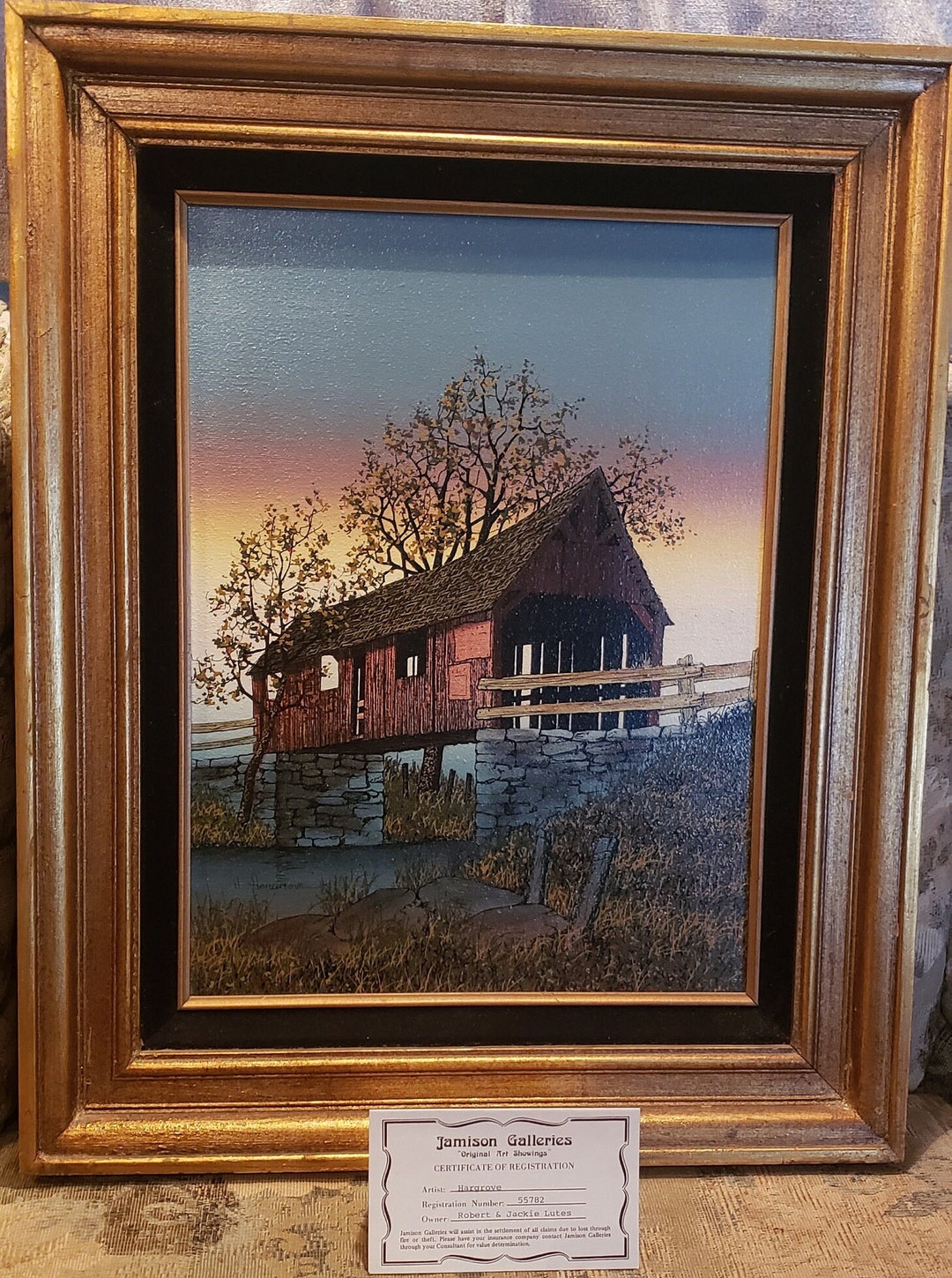 Signed H. Hargrove Genuine Covered Bridge Oil Painting (certificate of ...