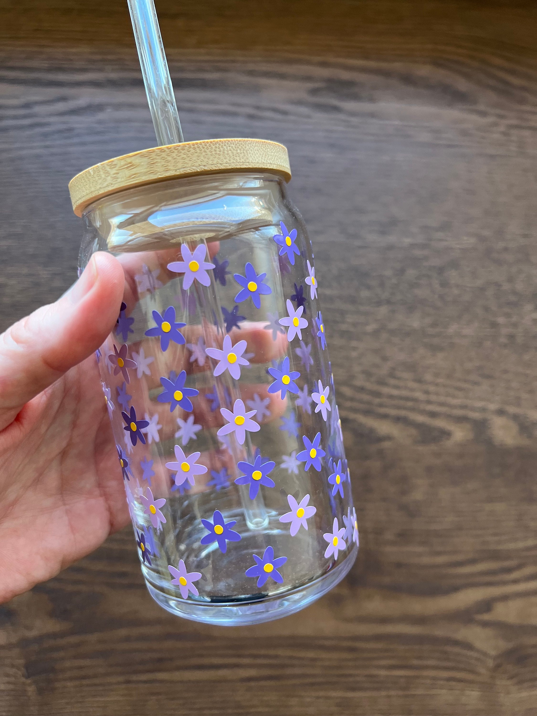 Purple Mini Daisies Glass Cup 16oz Iced Coffee Glass Flower Glass Cup ...