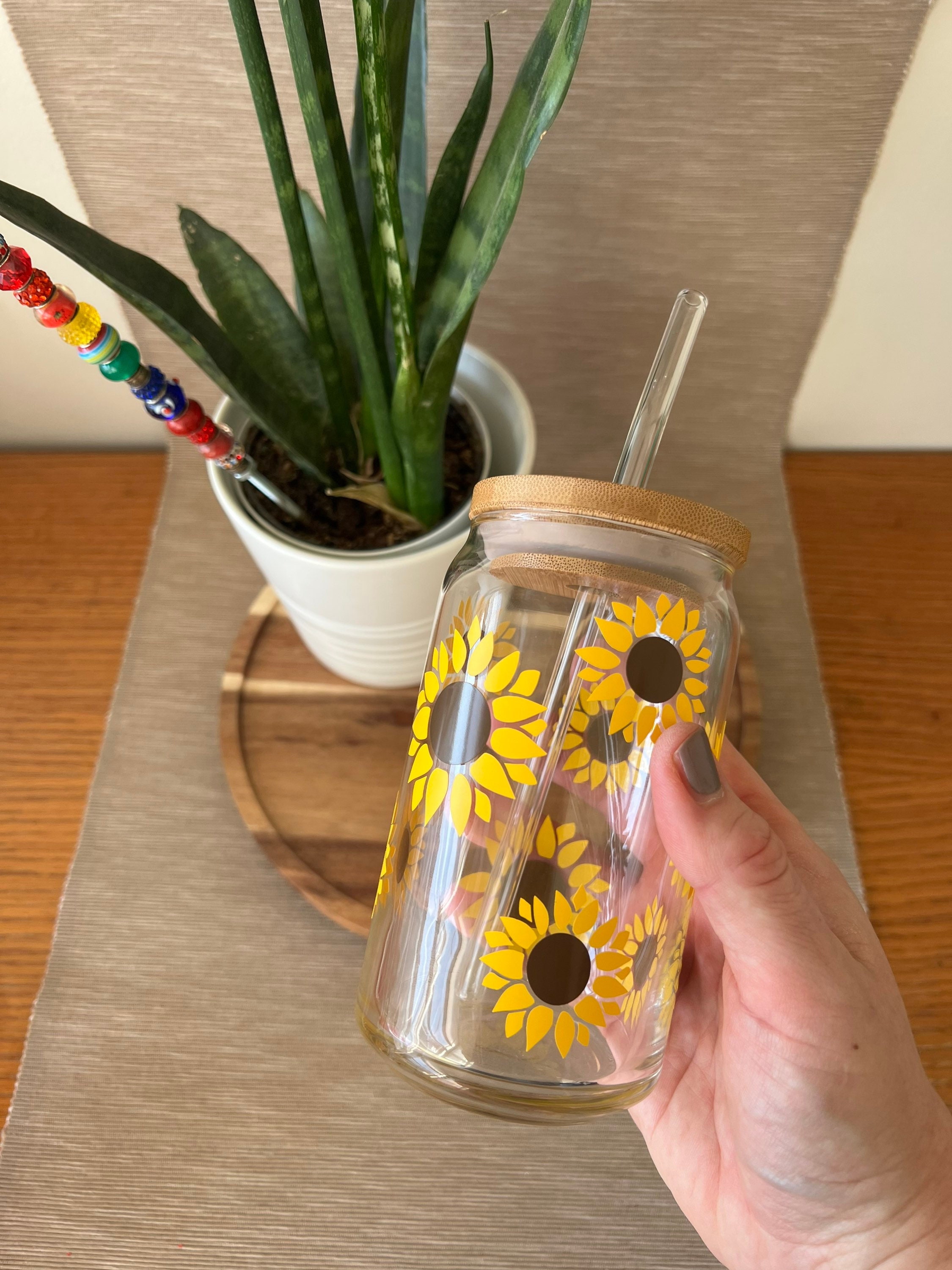Sunflower Beer Can Glass 16oz Coffee Glass Yellow Flower Glass Cup ...