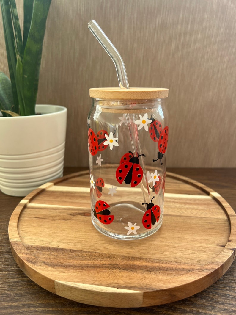 Cute Ladybug and Flower Glass Cup 16oz Iced Coffee Glass - Etsy
