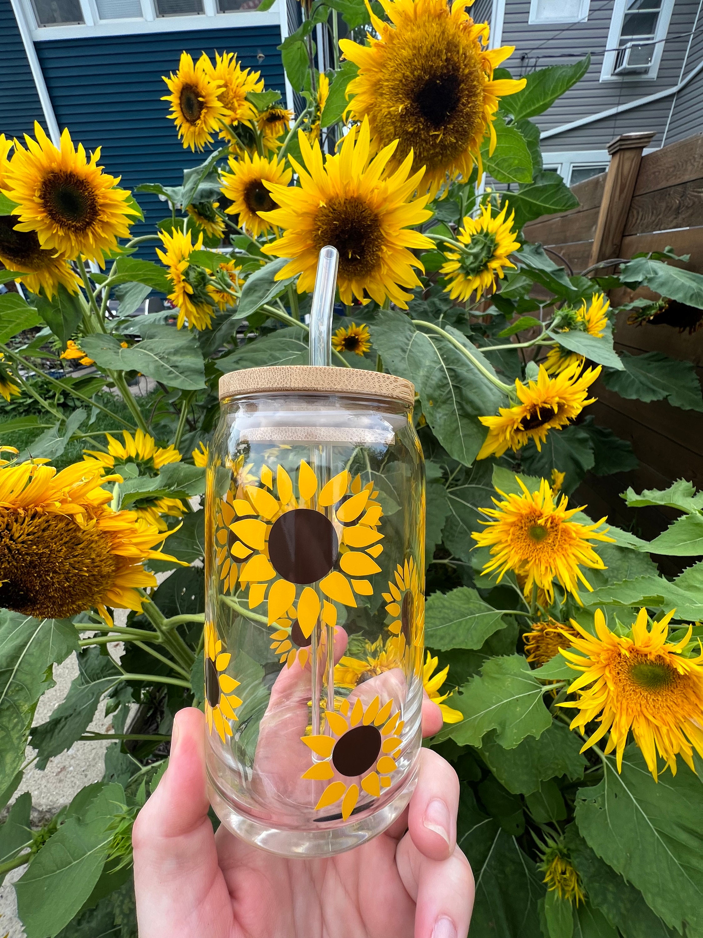 Sunflower Beer Can Glass 16oz Coffee Glass Yellow Flower Glass Cup ...