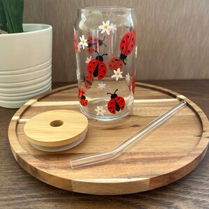 Cute Ladybug and Flower Glass Cup 16oz Iced Coffee Glass Floral Daisy ...