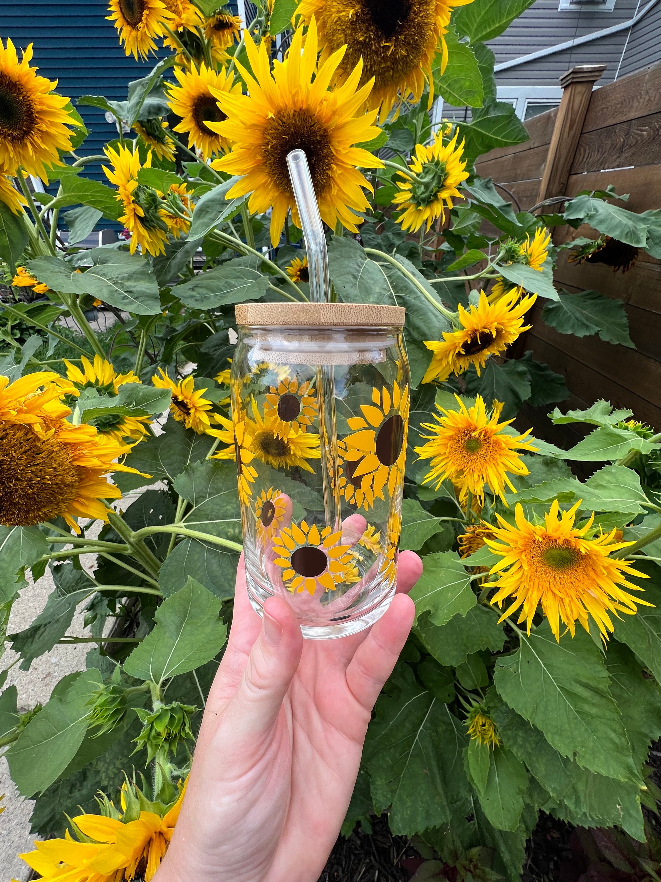 Sunflower Beer Can Glass 16oz Coffee Glass Yellow Flower Glass Cup ...