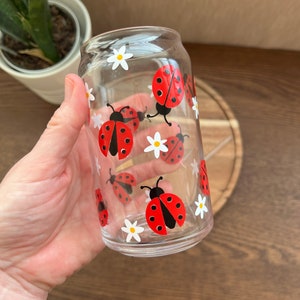 Cute Ladybug and Flower Glass Cup 16oz Iced Coffee Glass Floral Daisy ...