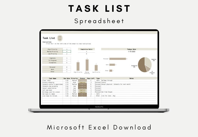 Task List Excel Spreadsheet Template - Etsy