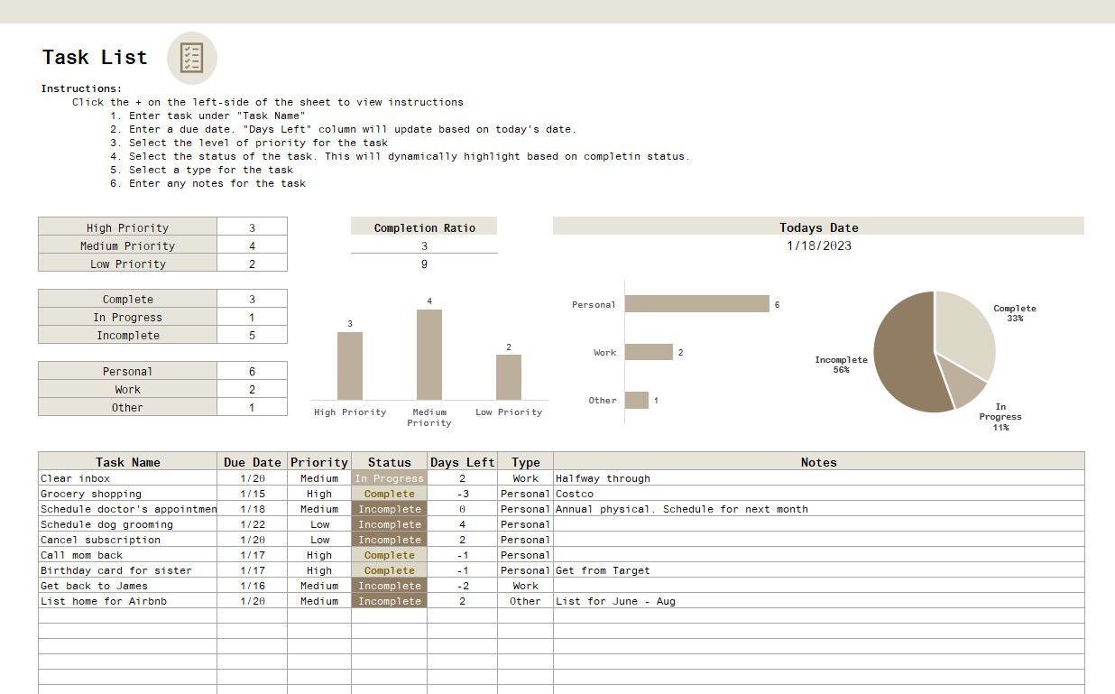 Task List Excel Spreadsheet Template - Etsy