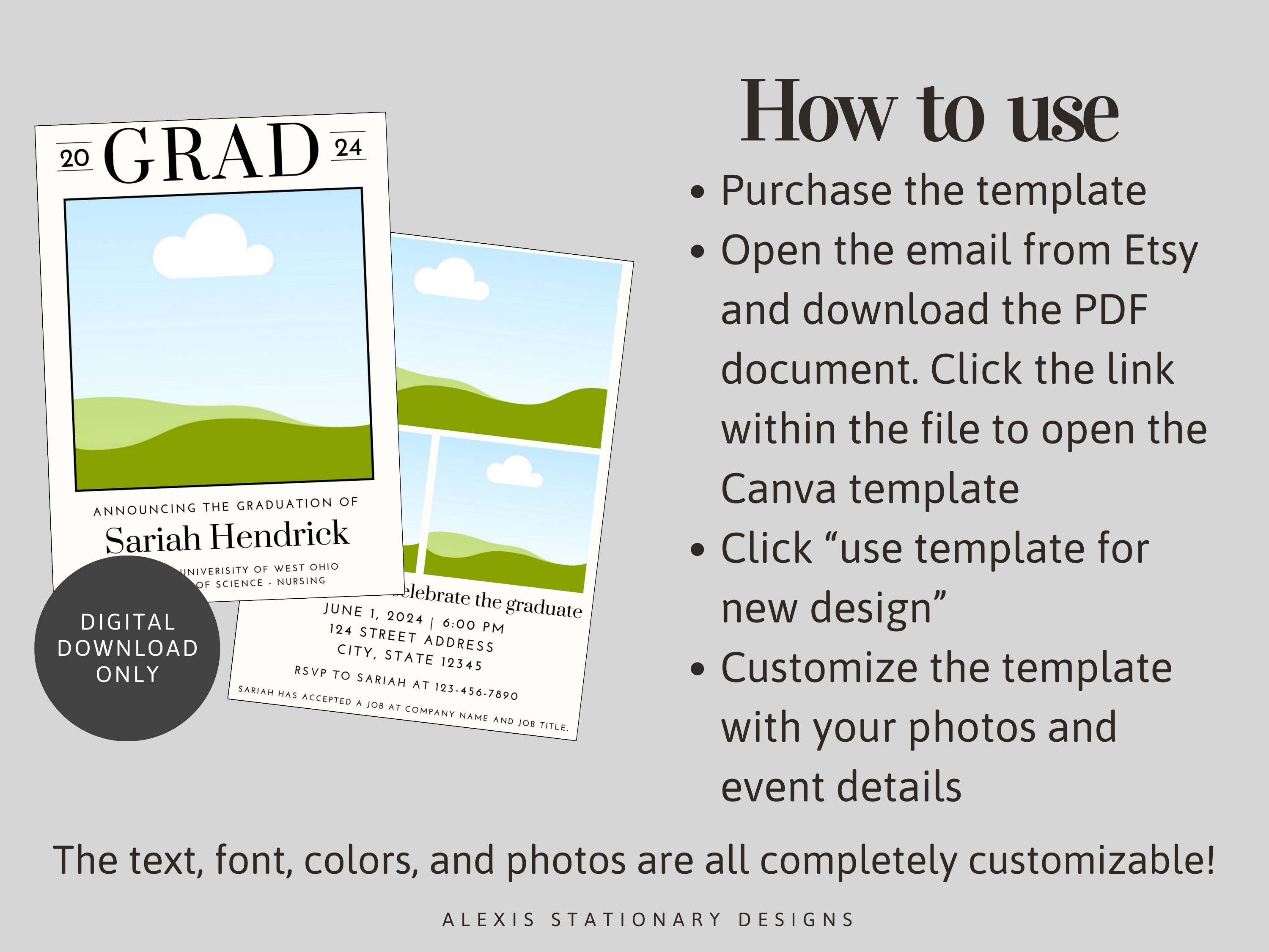 2024 Graduation Card Template for Canva / Graduation Announcement ...