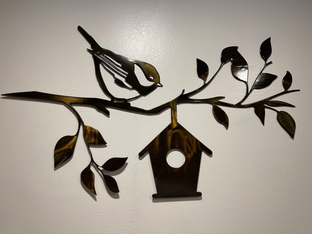Metal Bird and Birdhouse Tree Stake - Metal Art - Home Decor - Outdoor ...
