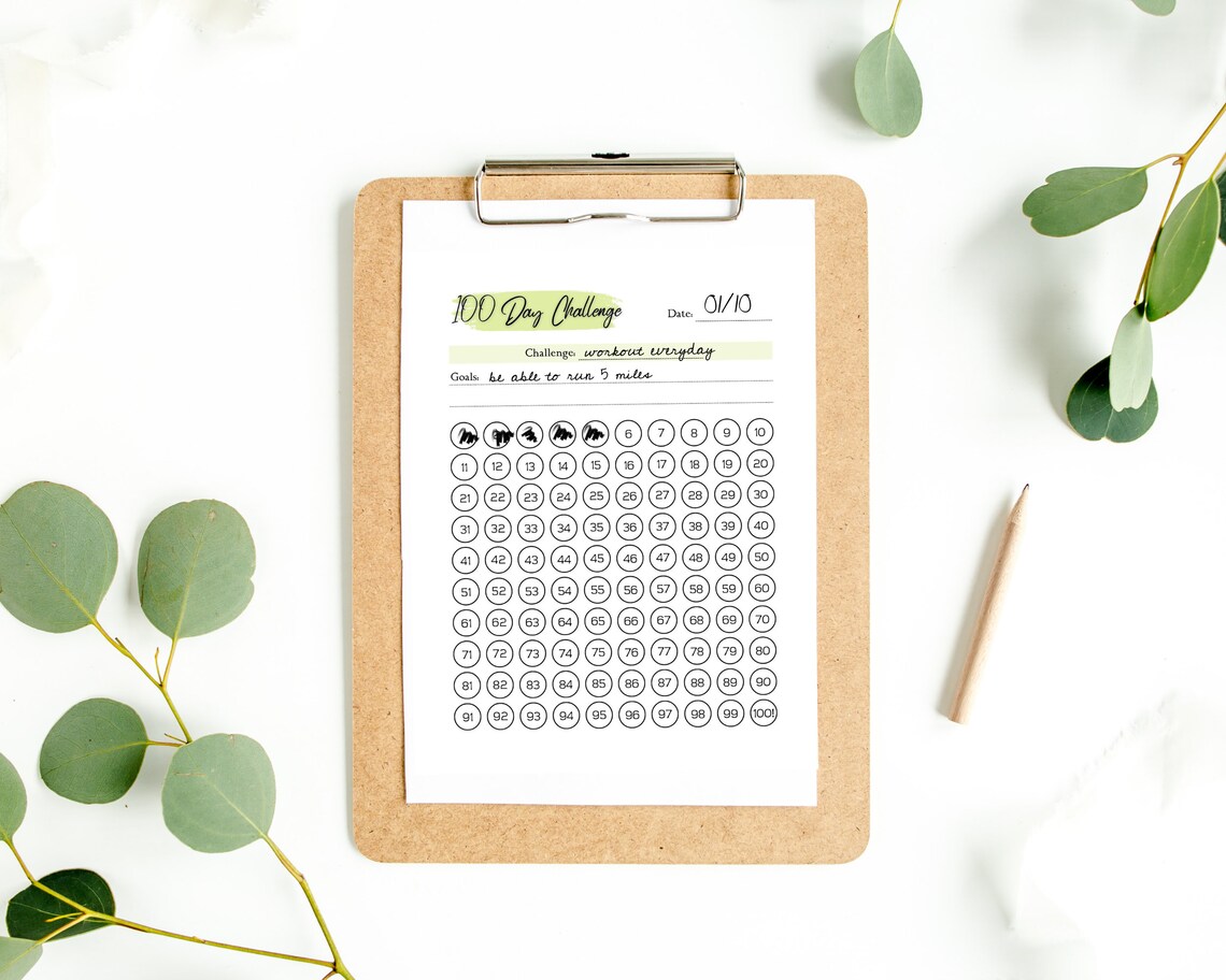 100 Day Challenge Printable, Digital Goal Tracking, 100 Day Goal ...