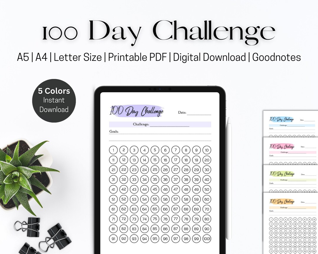 100 Day Challenge Printable, Digital Goal Tracking, 100 Day Goal ...