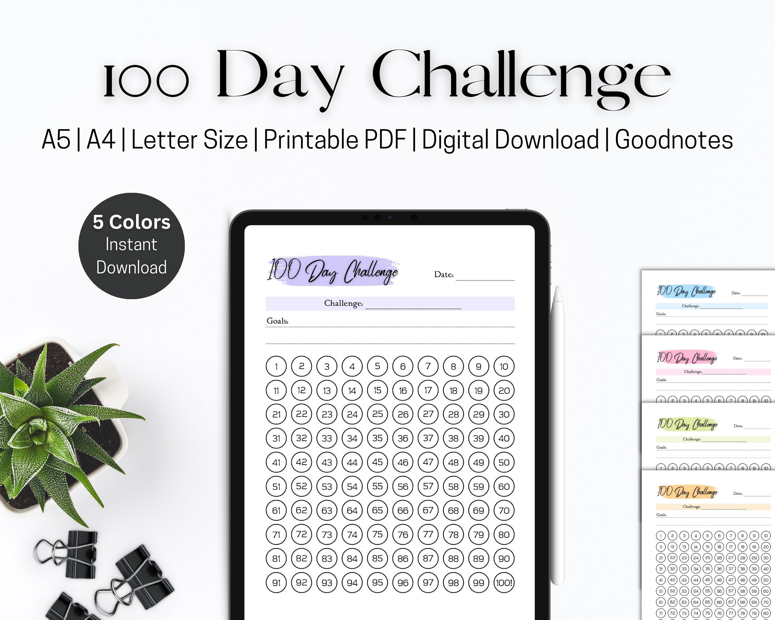 100 Day Challenge Printable, Digital Goal Tracking, 100 Day Goal ...