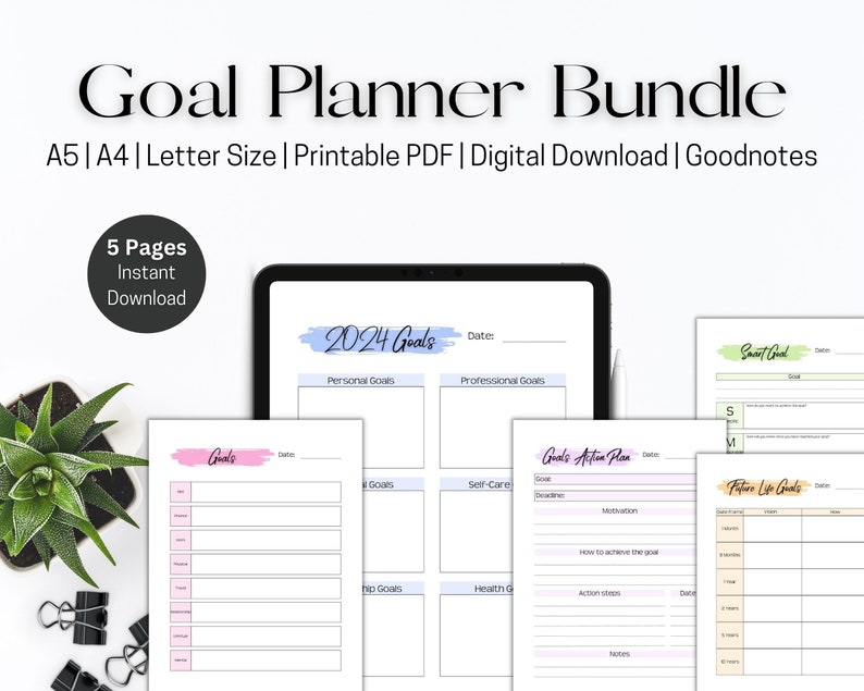 2024 Goal Planner Printable, Goal Tracker Bundle, Digital Monthly Habit ...
