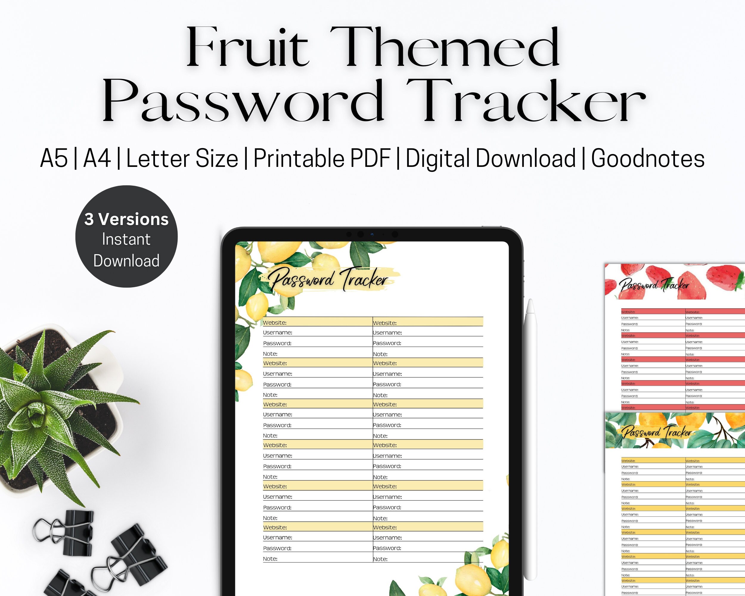 Printable Password Tracker, Lemon Themed Password Log, Digital Planner ...