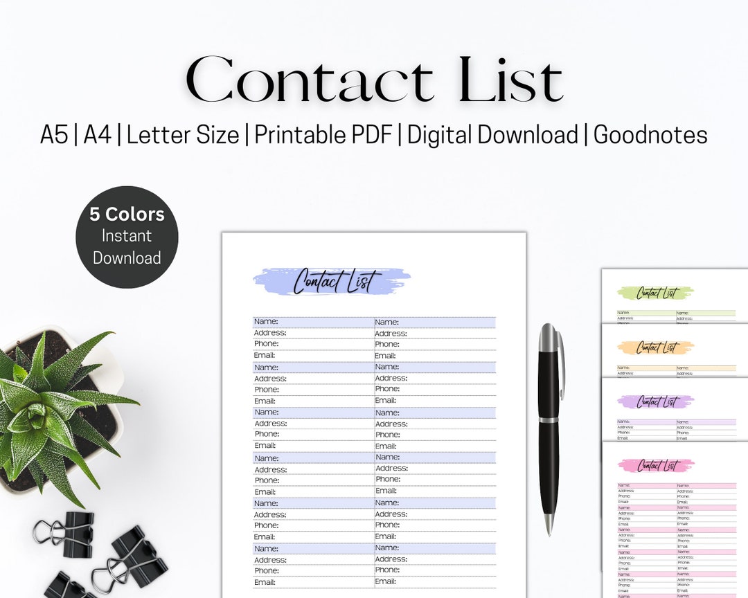 Contact List Printable, Address Book Insert, Contact Digital Download ...
