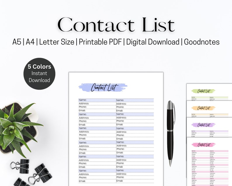 Contact List Printable, Address Book Insert, Contact Digital Download ...