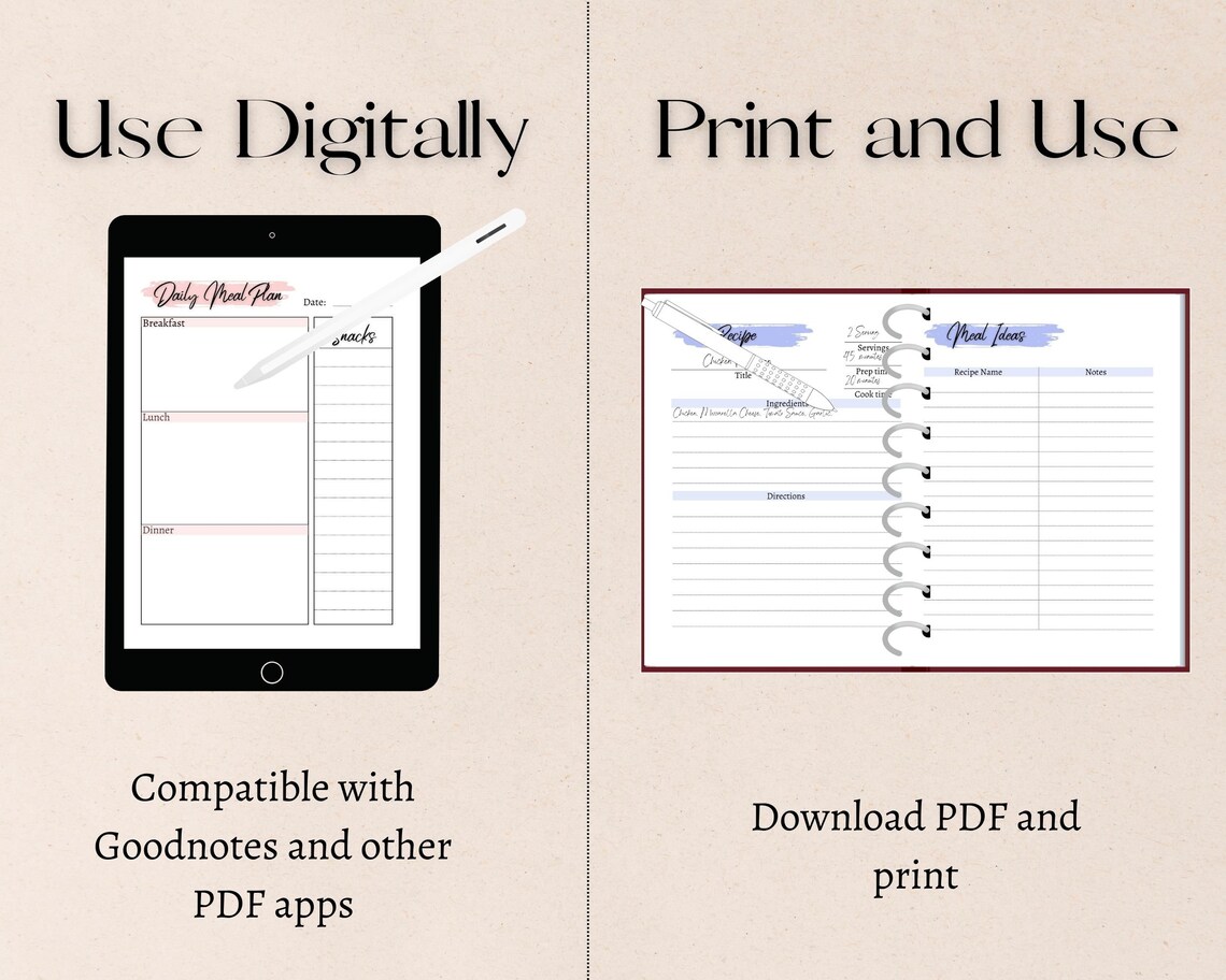 Meal Planner Printable Digital Planner Weekly Food Journal - Etsy