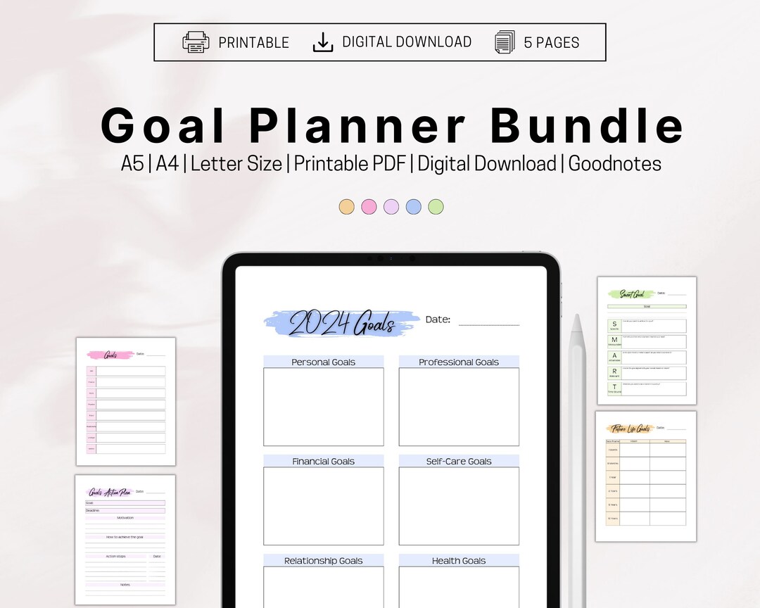 2024 Goal Planner Printable, Goal Tracker Bundle, Digital Monthly Habit ...