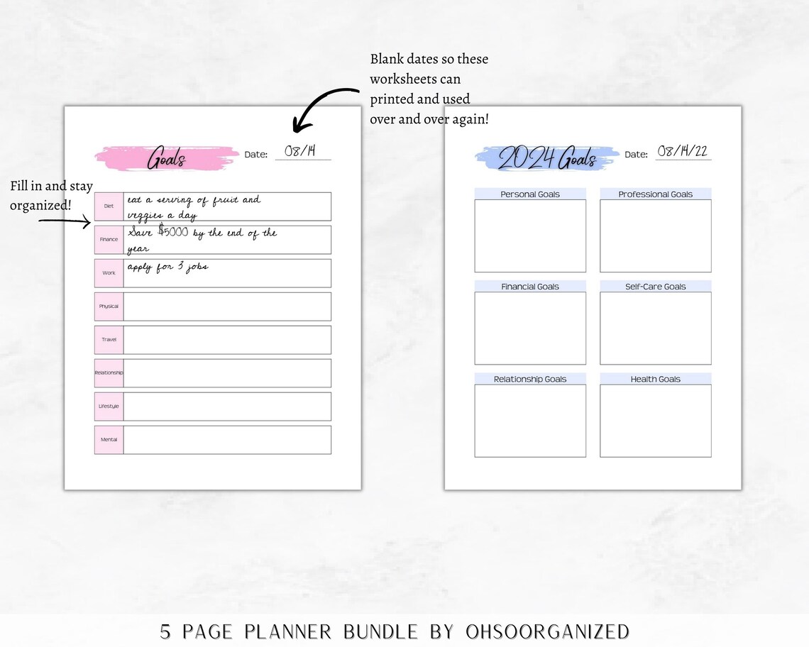 2024 Goal Planner Printable, Goal Tracker Bundle, Digital Monthly Habit ...