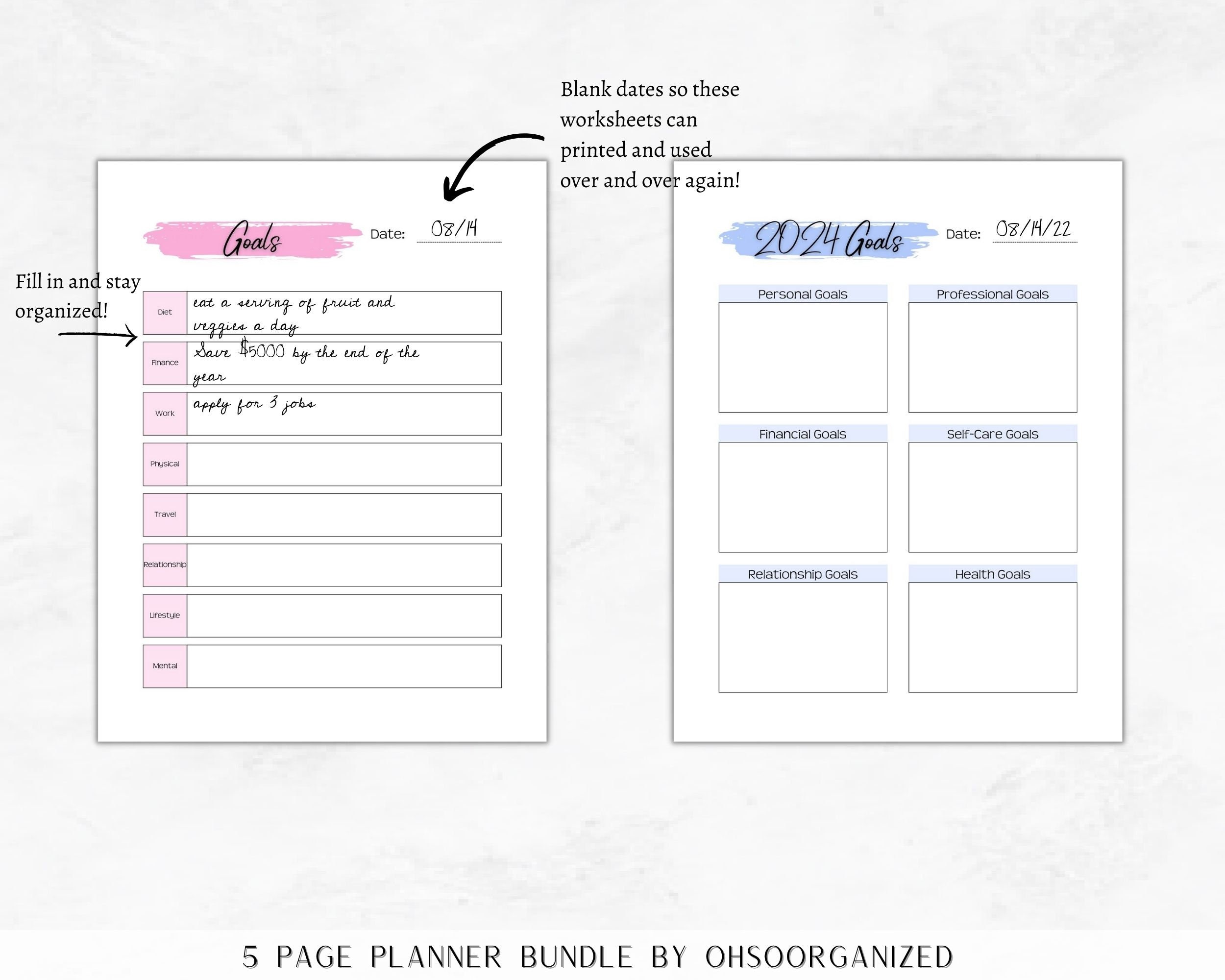 2024 Goal Planner Printable, Goal Tracker Bundle, Digital Monthly Habit ...