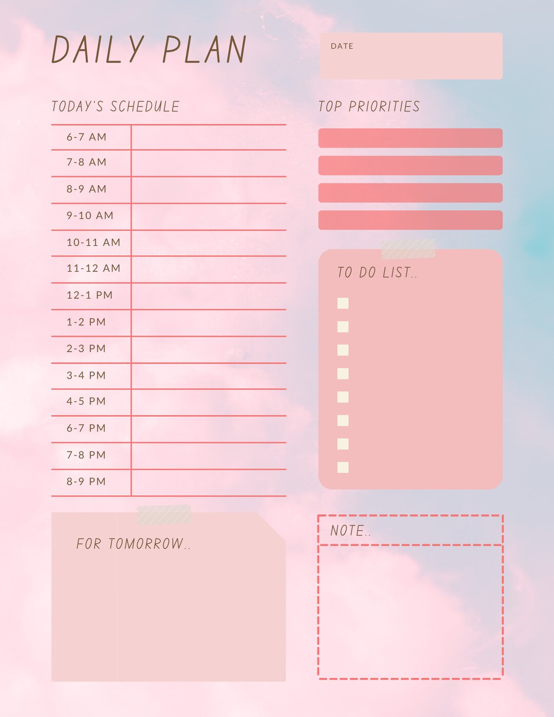 Daily Planner With Clouds. PDF Download - Etsy