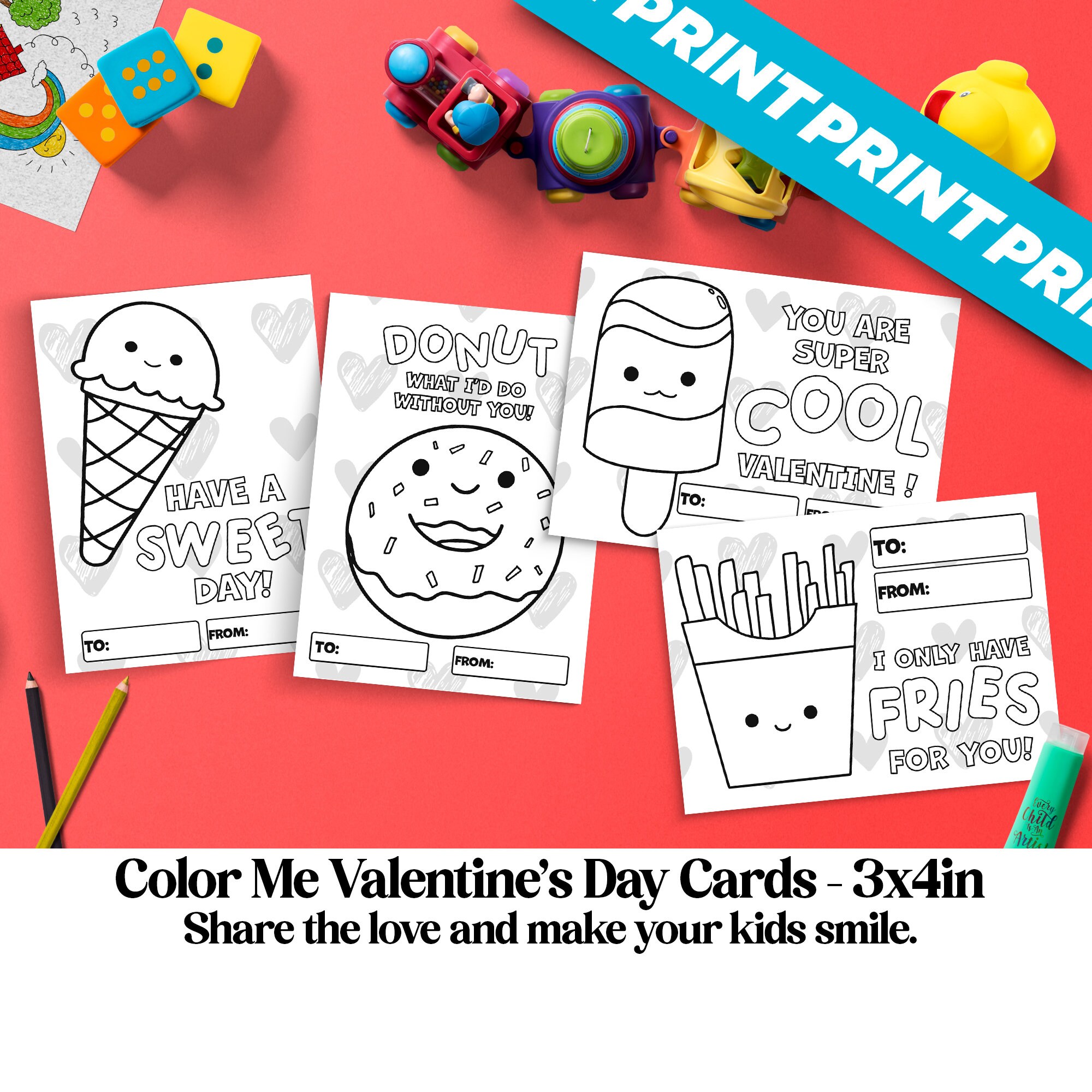 Color Me Valentines Printable Kawaii Classroom Valentines Set of 8 ...