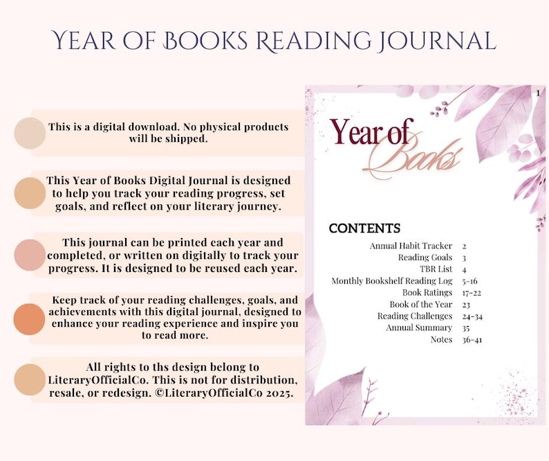 Printable Reading Journal Log | Book Tracker PDF Instant Download ...