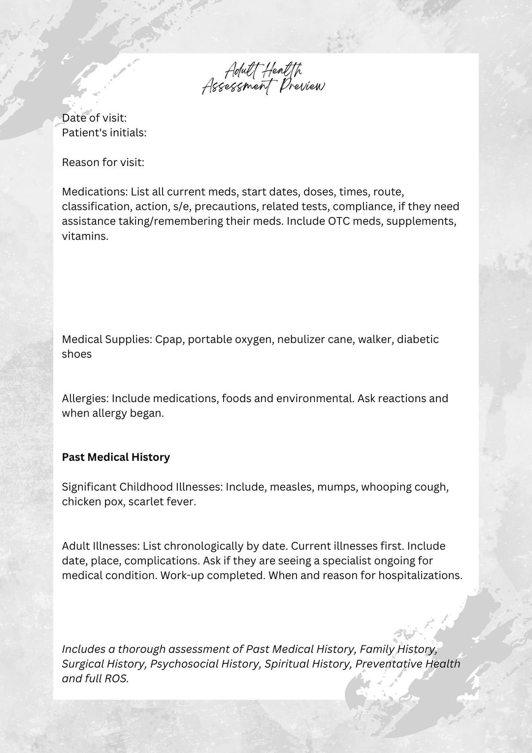 Full Adult Health Assessment - Etsy