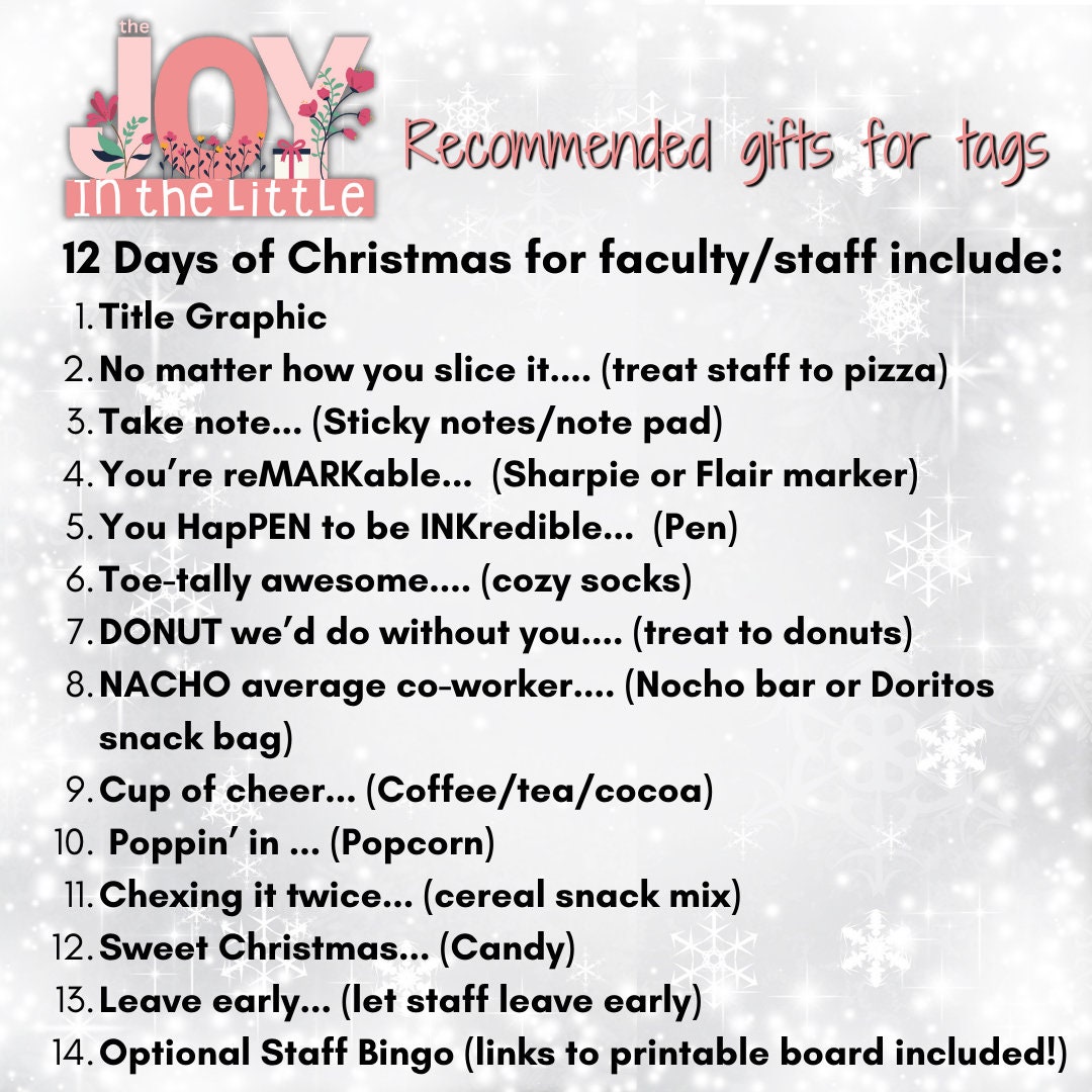 12 Days of Christmas Gift Tags, Holiday Teacher School Pto Pta ...