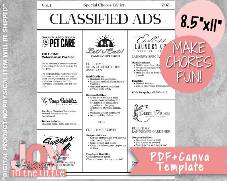 Printable Chore Chart for Kids Chore Classified Ad System Jobs Around ...