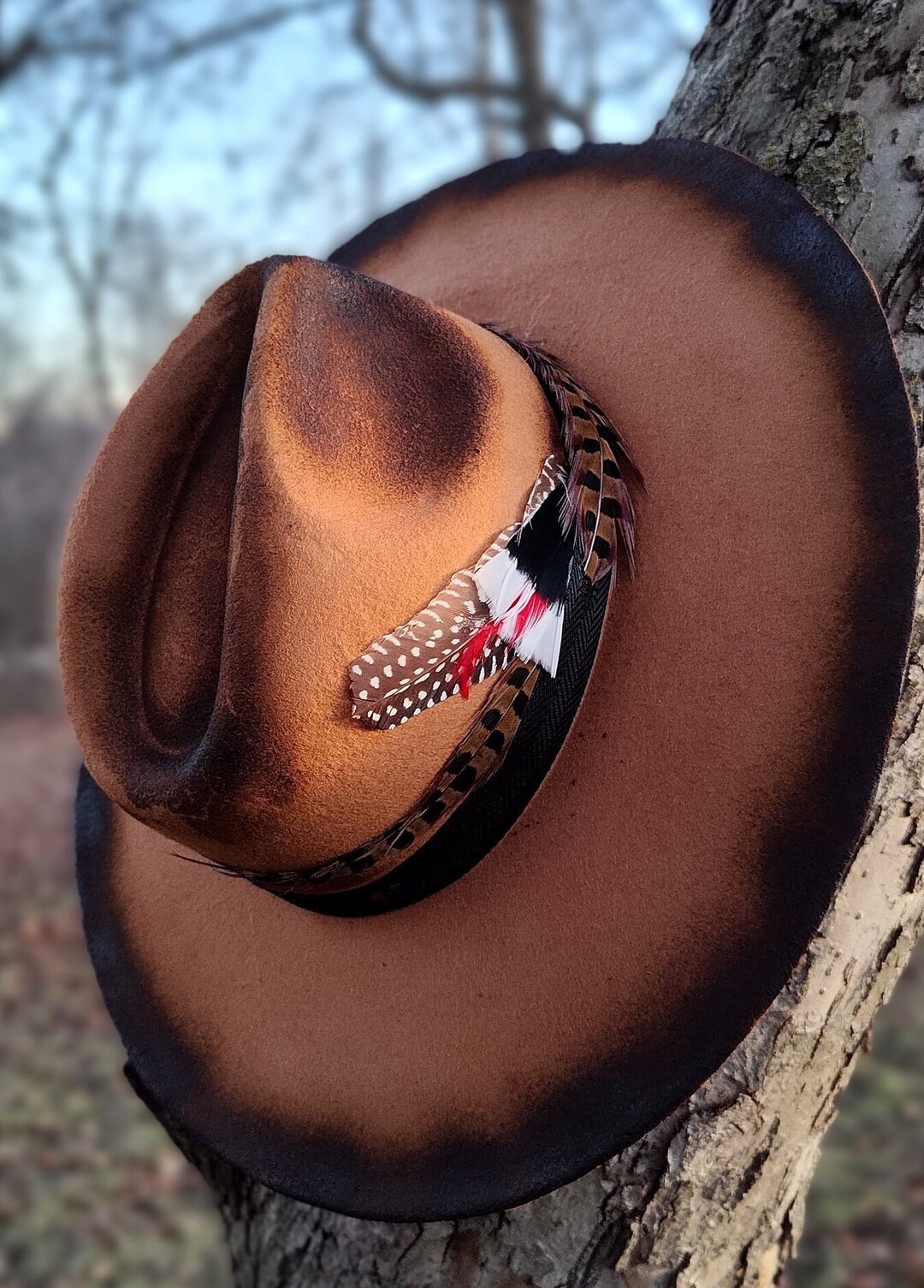 Burned 100% Wool Custom-designed Women's Hat, Distressed, Feathers, In ...