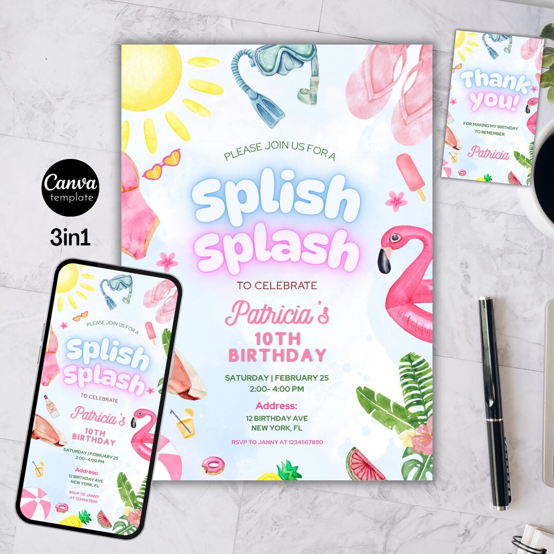 Editable Pool Party Birthday Invitation Template Splish Splash Kids ...