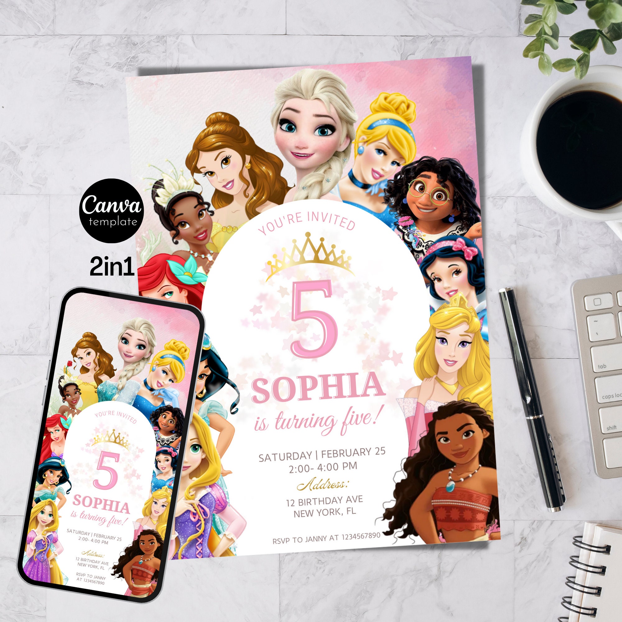 Princess Birthday Canva Template| Princess Birthday Party Invitation ...