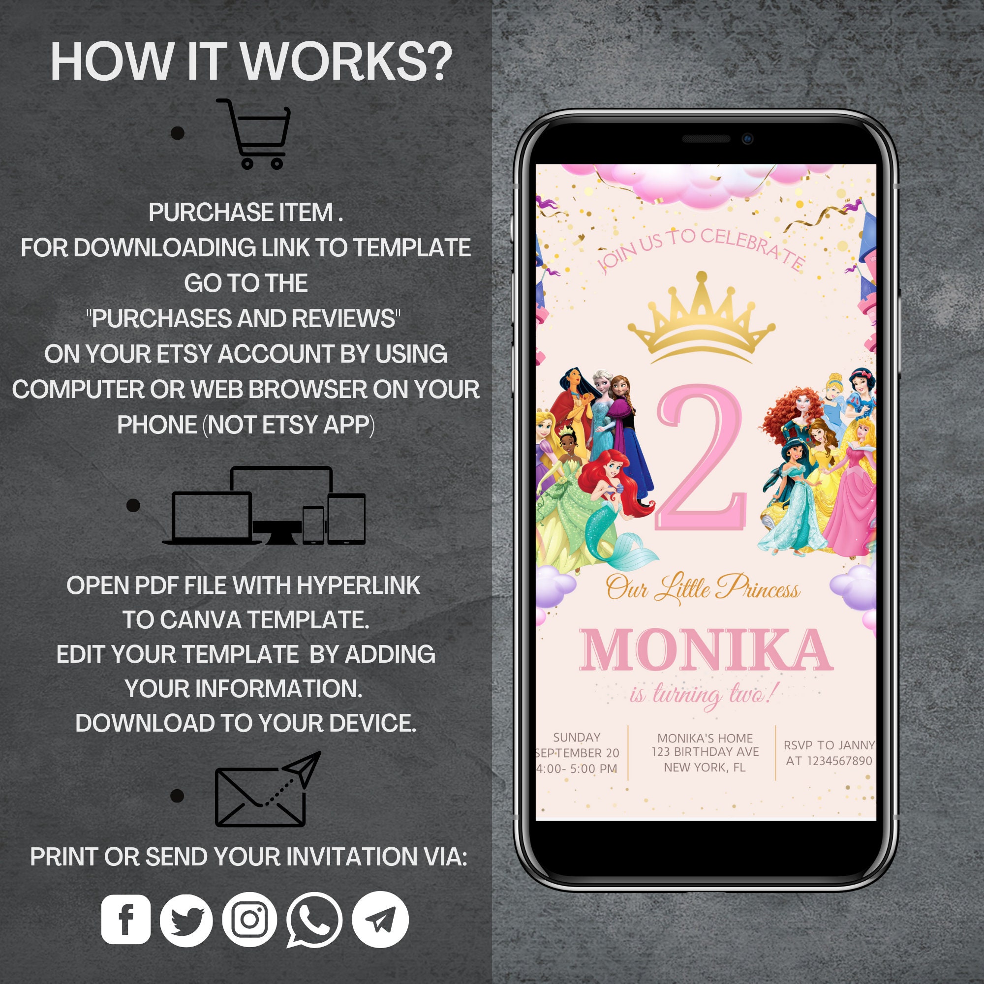 Princess Birthday Invitation Princesses Birthday Party - Etsy