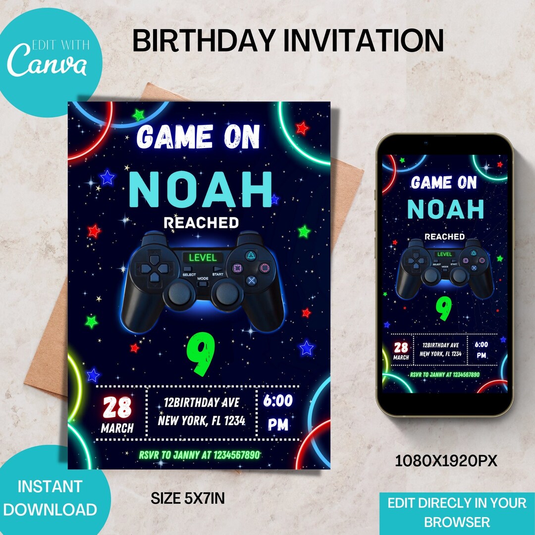 Editable Video Game Party Invitation Template Green Glow Neon Invite ...