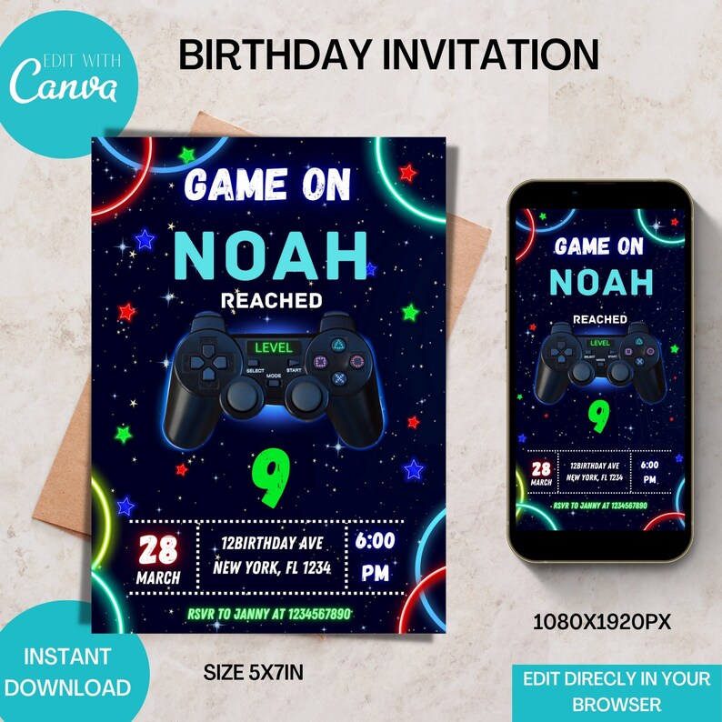 Editable Video Game Party Invitation Template Green Glow Neon - Etsy