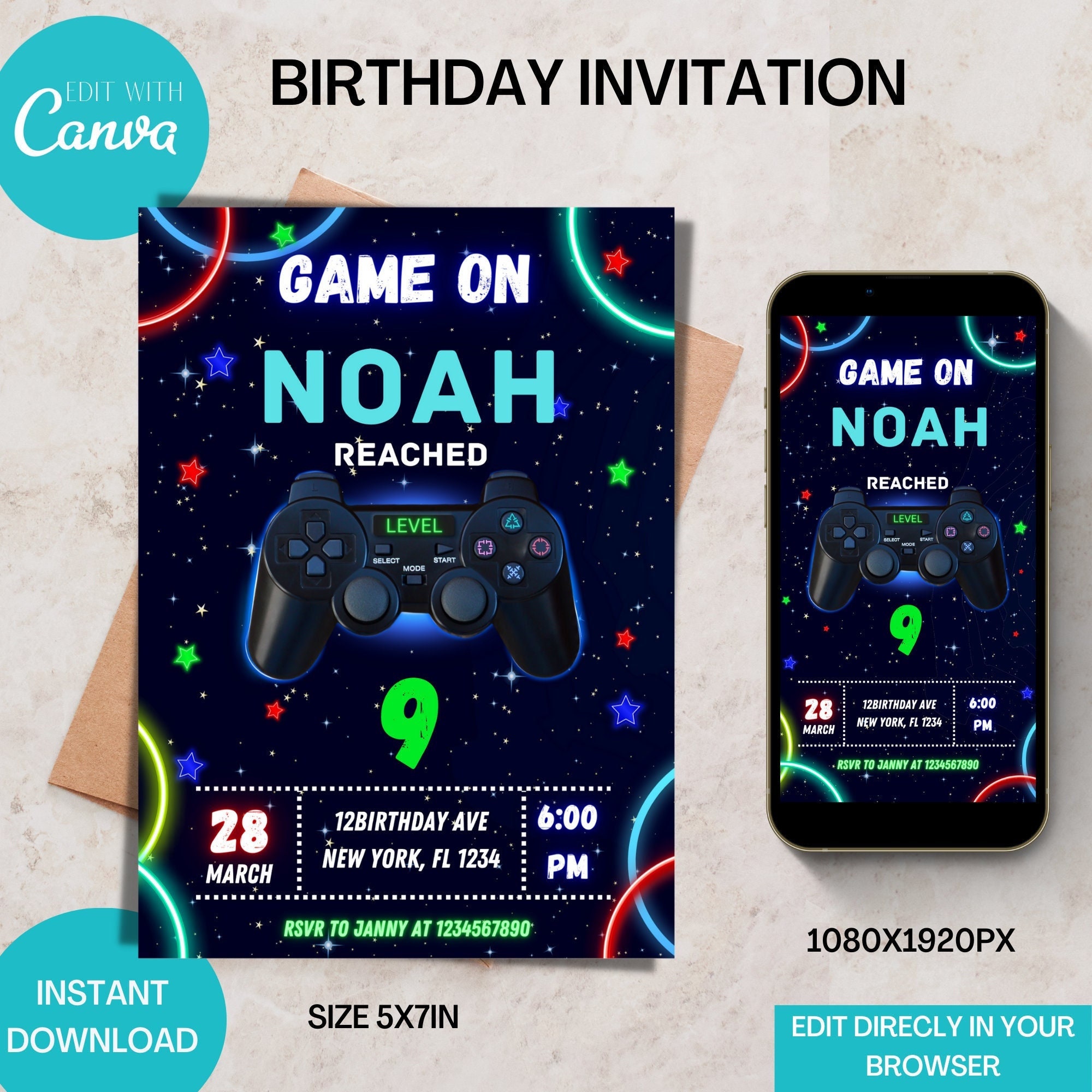Editable Video Game Party Invitation Template Green Glow Neon Invite ...