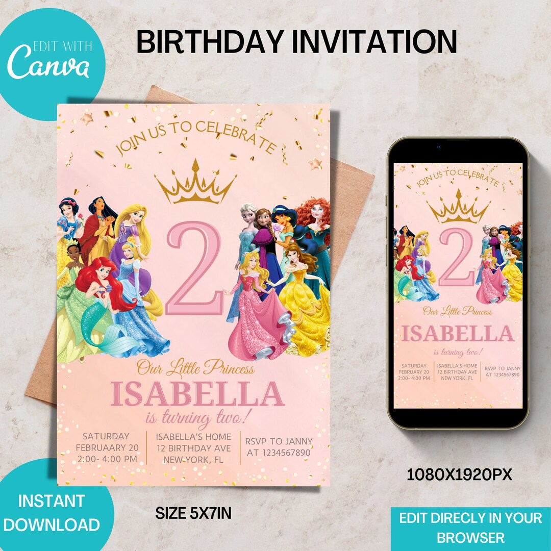 Princess Birthday Party Invitation Editable Canva Template for Princess ...