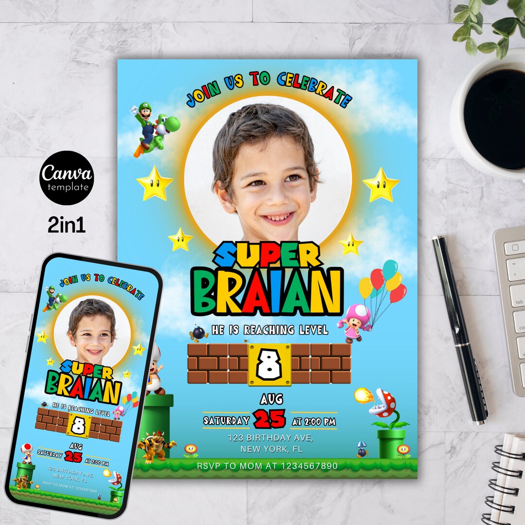 Plantilla de invitación de Mario Bros, invitación de cumpleaños de ...